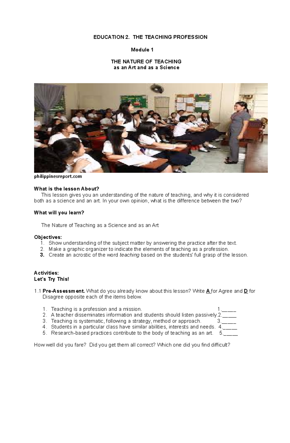 The Teaching Profession Module 1 - EDUCATION 2. THE TEACHING PROFESSION ...