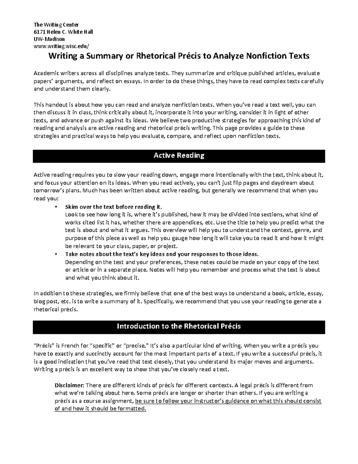 Precis+UWM - The$Writing$Center$ 6171$Helen$C.$White$Hall$ UW 4 Madison ...