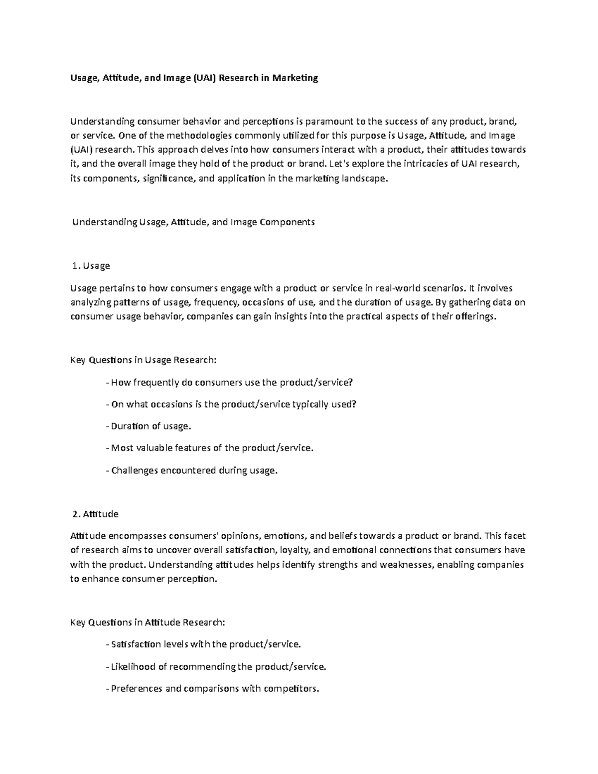 Lecture Notes on - Usage, A tude, and Image (UAI) Research in Marke ng ...