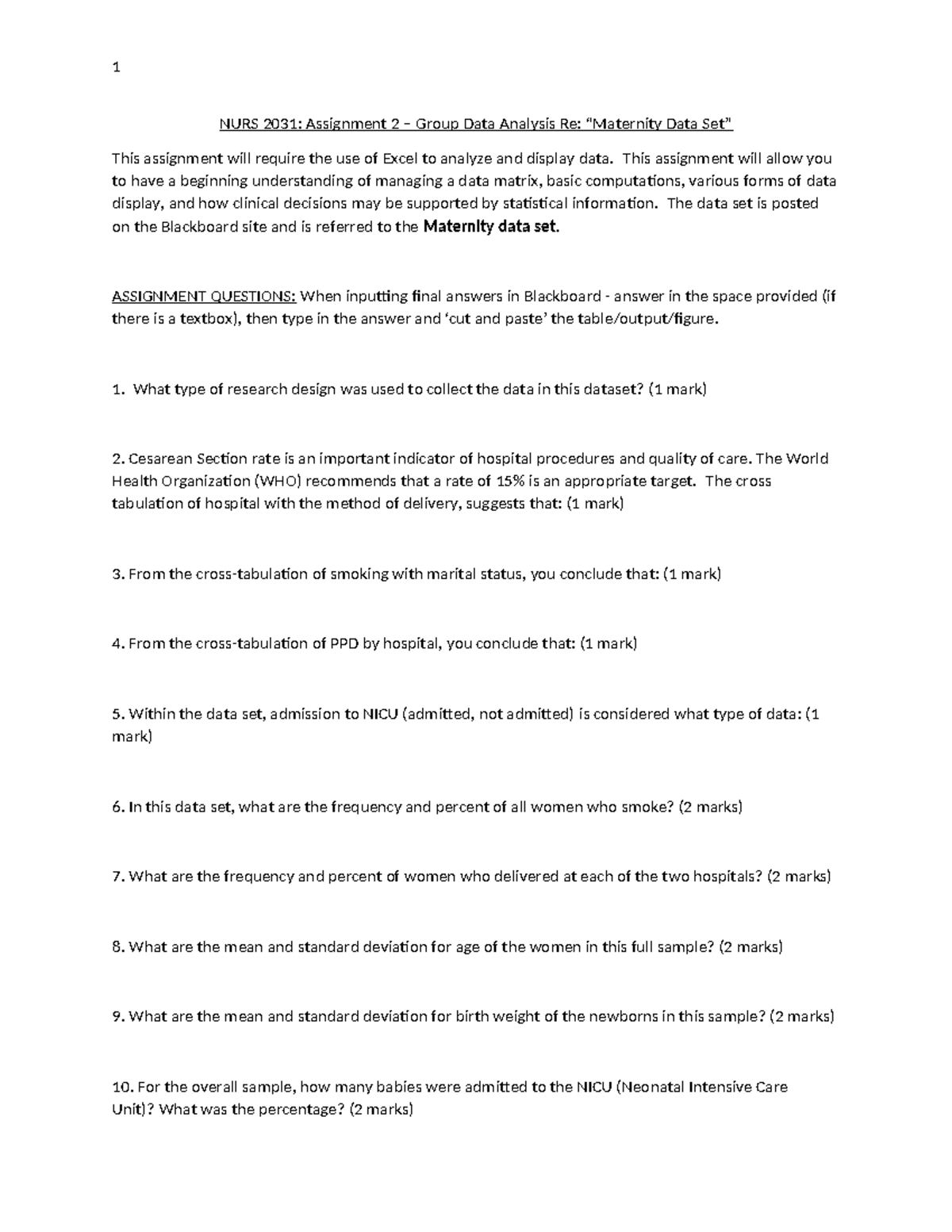 NURS 2031 Data Assignment Instructions 2020W - 1 NURS 2031: Assignment ...