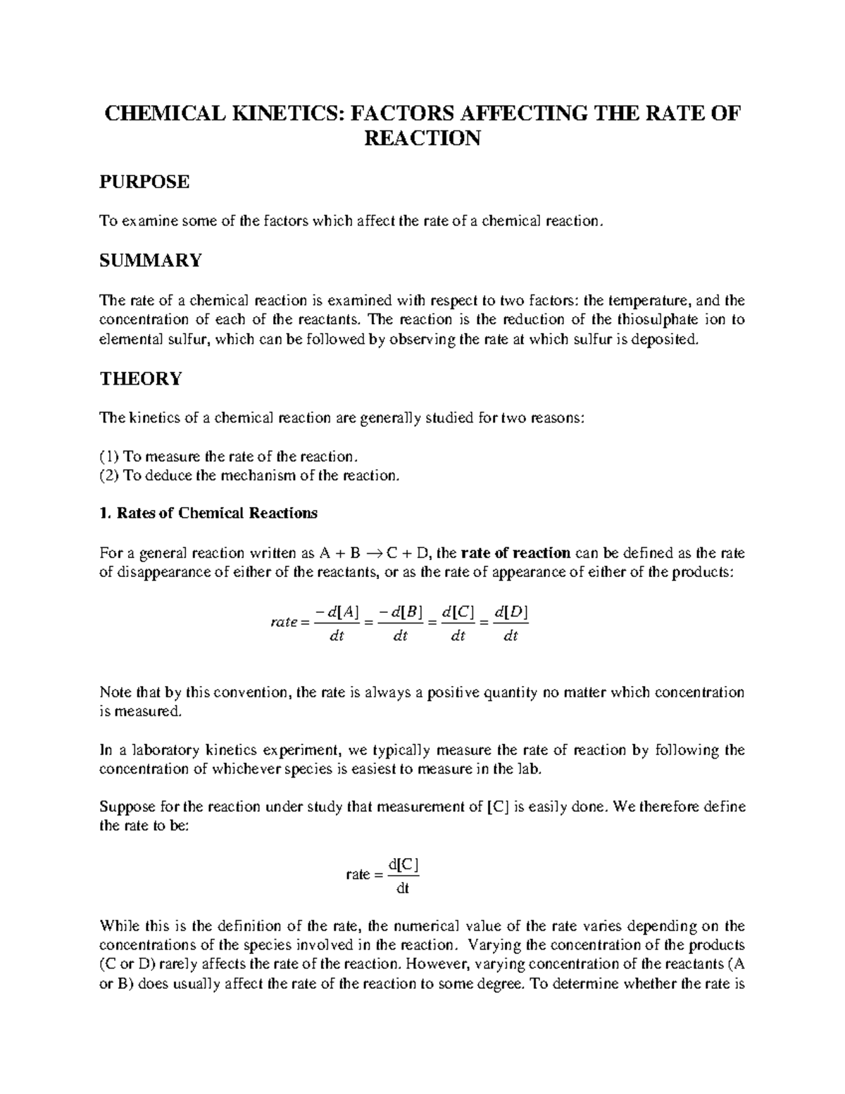 Lab Manual Kinematics - CHEMICAL KINETICS: FACTORS AFFECTING THE RATE ...