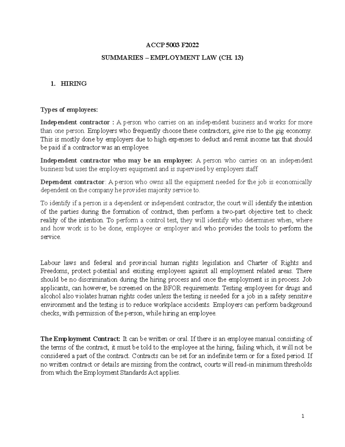 ACCP 5003 F2022 Student Summaries on Employment Law (Ch 13) - ACCP 5003 F SUMMARIES – EMPLOYMENT ...