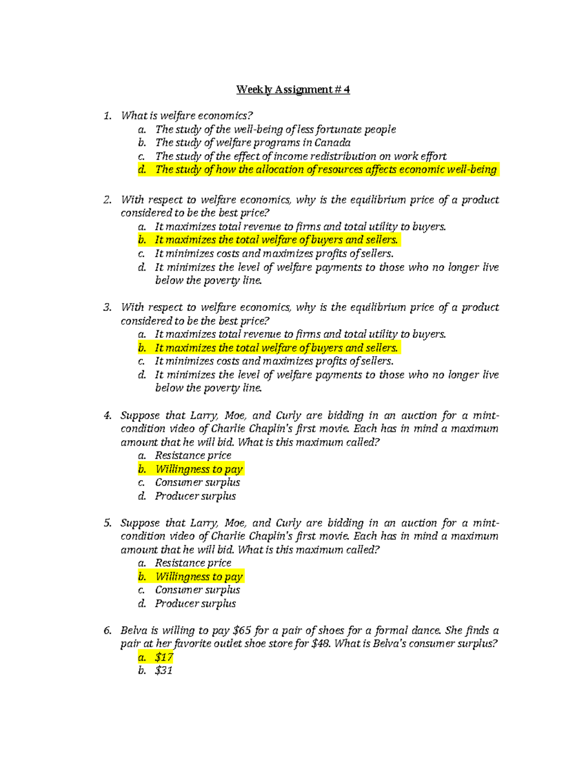 Weekly Assignment # 4 - Weekly Assignment # 4 What is welfare economics ...