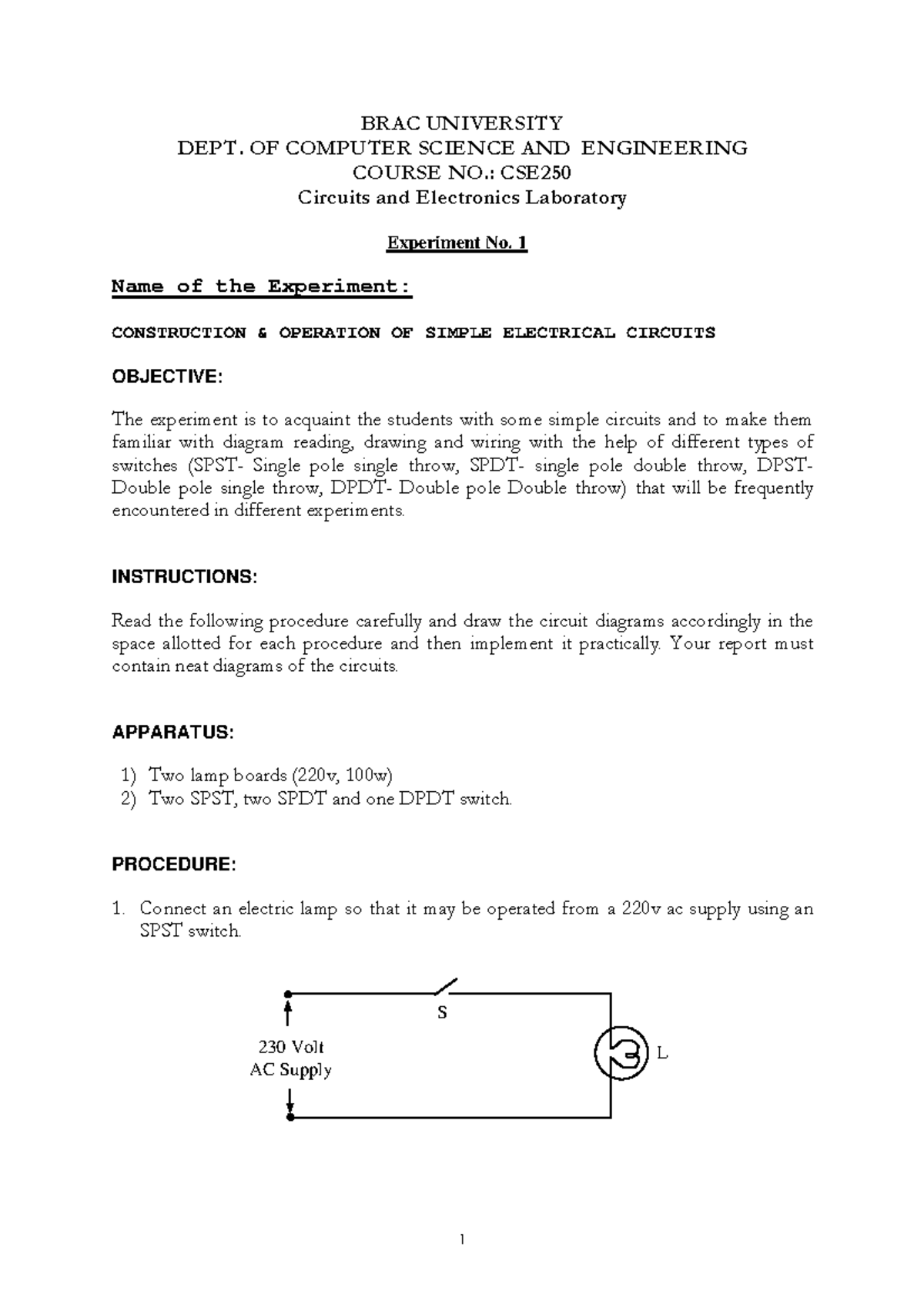 CSE250L Lab sheets - BRAC UNIVERSITY DEPT. OF COMPUTER SCIENCE AND ENGINEERING COURSE NO.: CSE ...