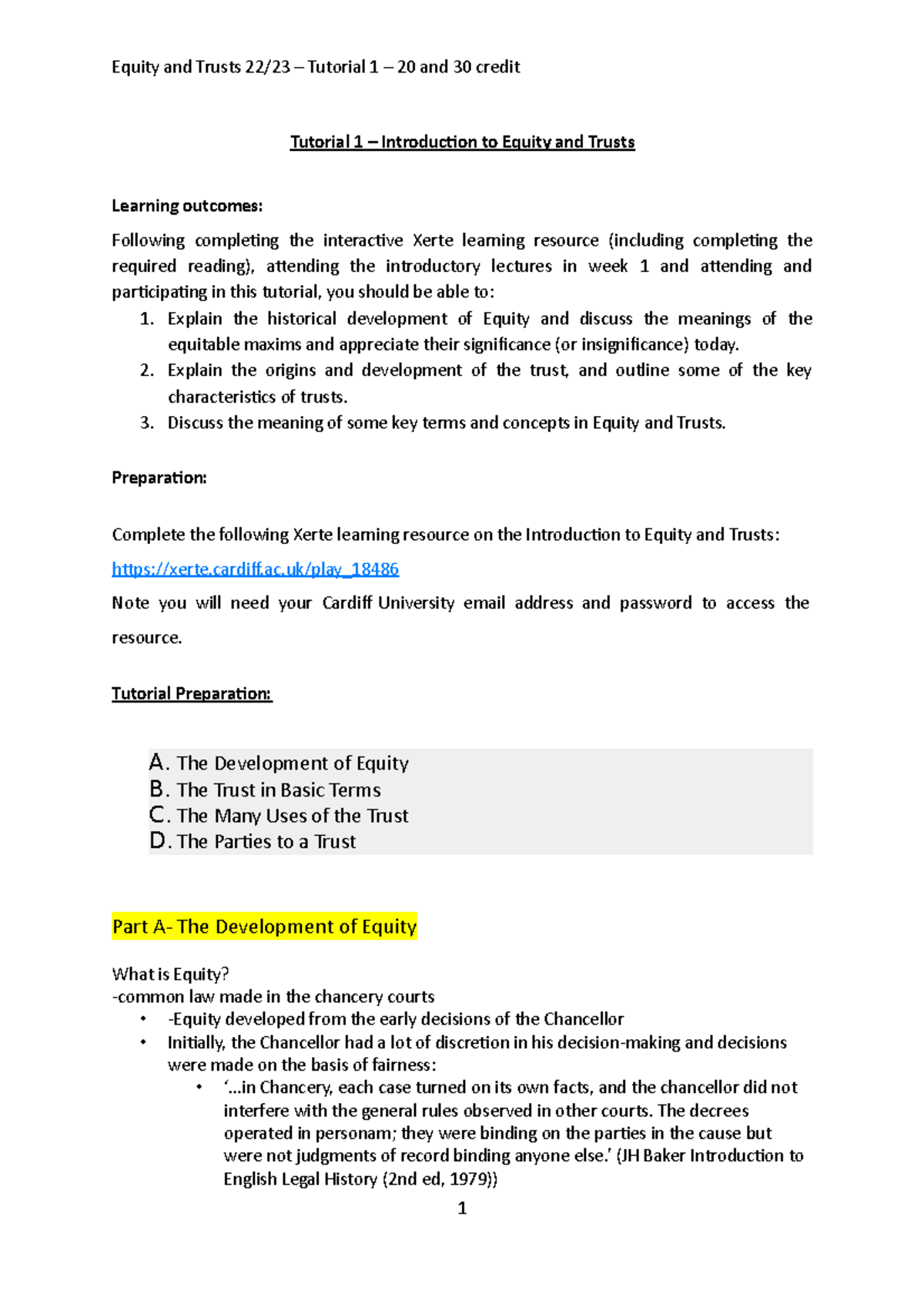 Equity and Trusts -Tutorial 1 - Tutorial 1 – Introduction to Equity and Trusts Learning outcomes ...
