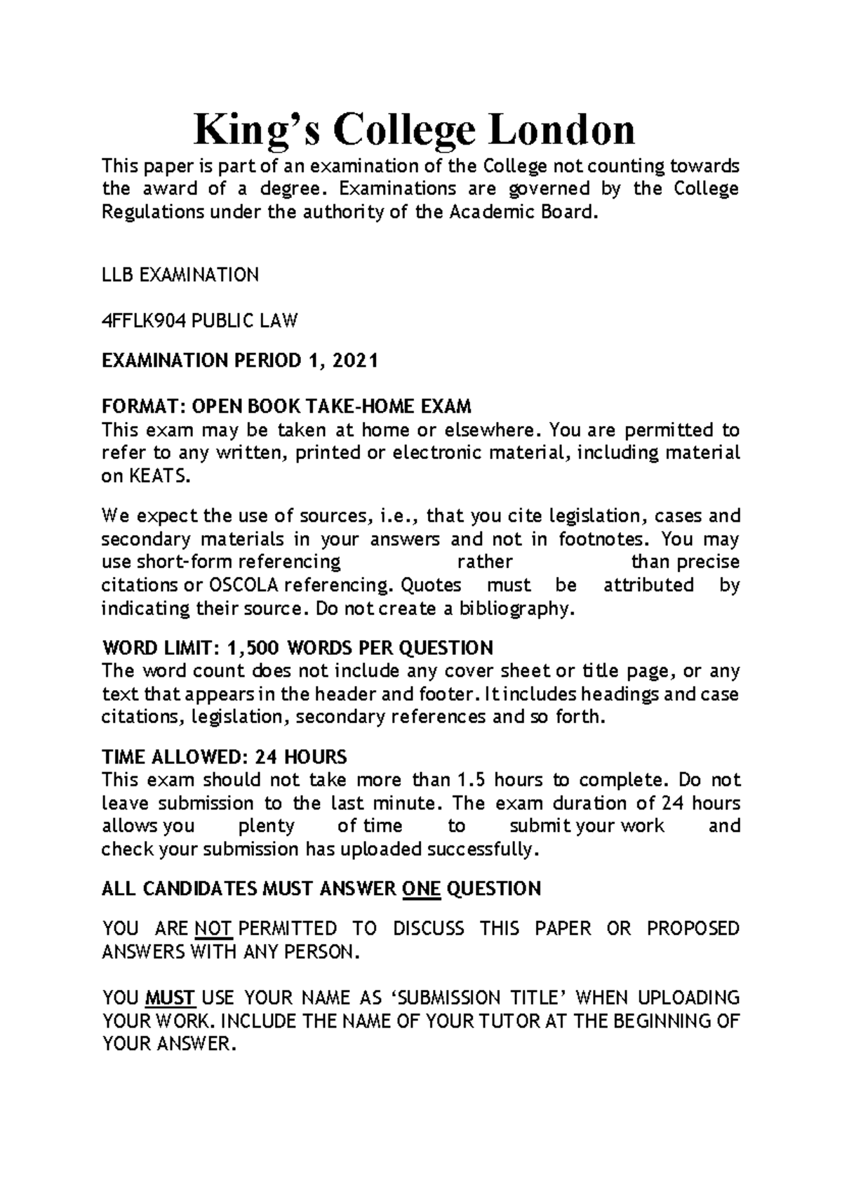 4FFLK904 Formative Exam Paper - January 2021 - King’s College London ...