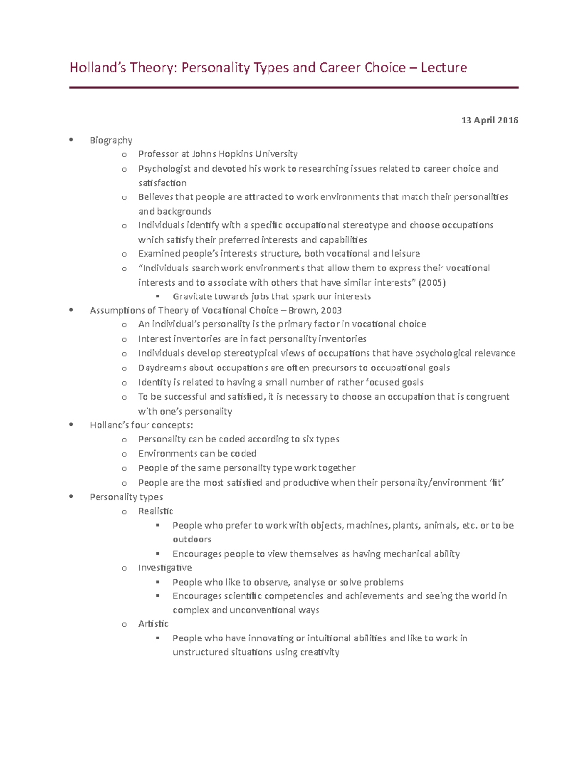 Holland’s Theory of Career Choice - Lecture - Theory: Personality Types ...