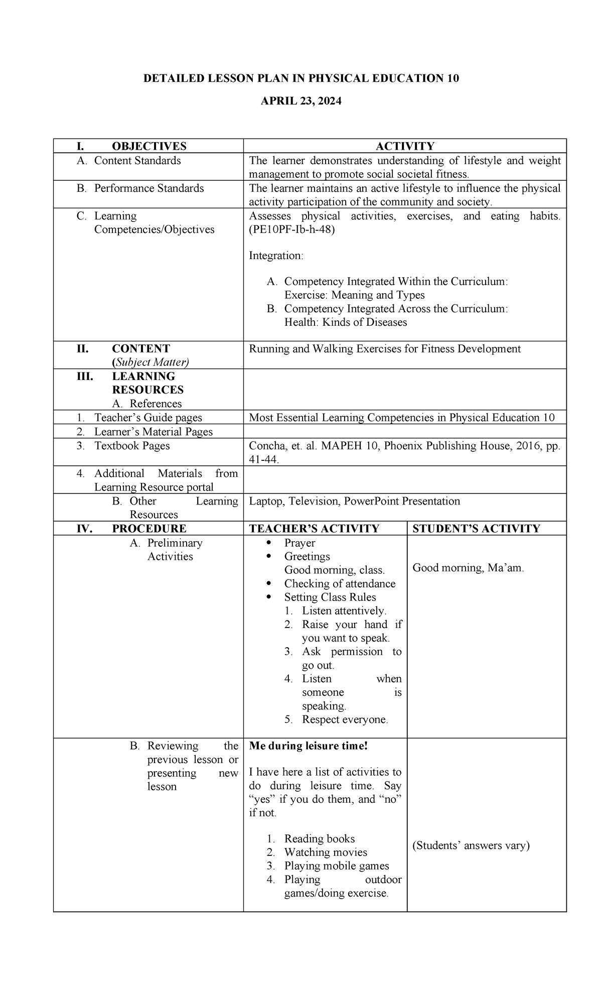 LP-IN-PE - Sksksks - DETAILED LESSON PLAN IN PHYSICAL EDUCATION 10 ...