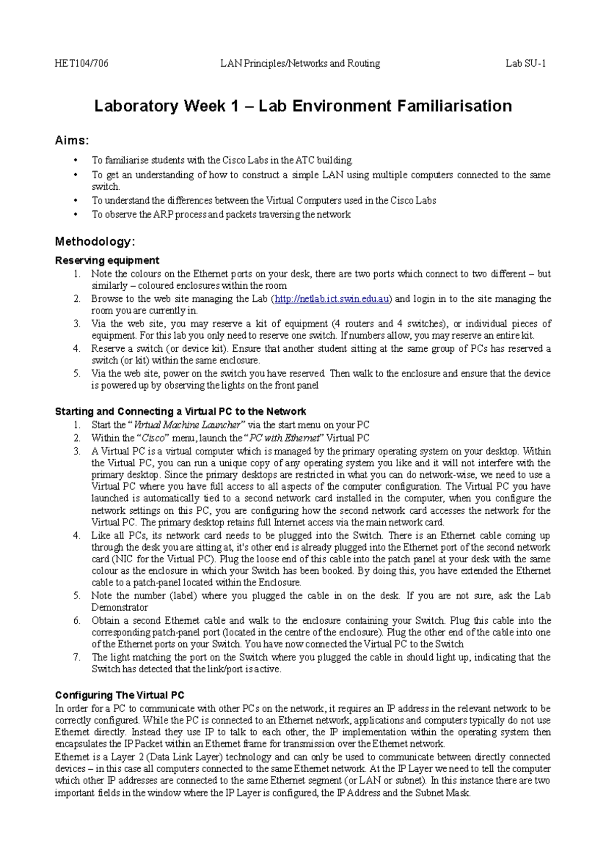 Lab SU-1 - Lab 1 - LAN and Routing Lab Laboratory Week 1 Lab ...