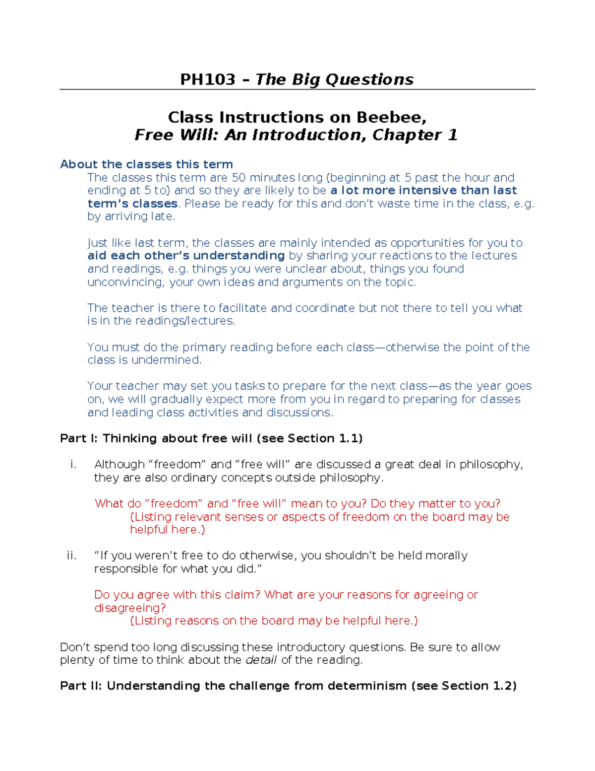 BQfreewill 1CI - PH103 – The Big Questions Class Instructions on Beebee ...
