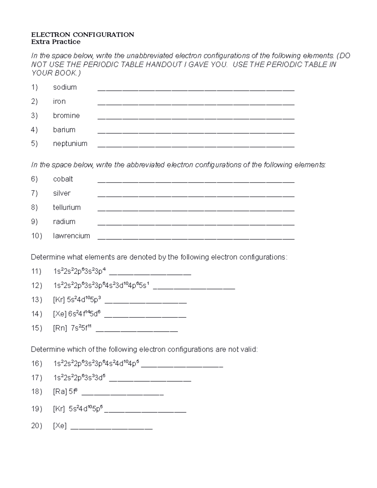 Electron configuration practice - ELECTRON CONFIGURATION Extra Practice ...