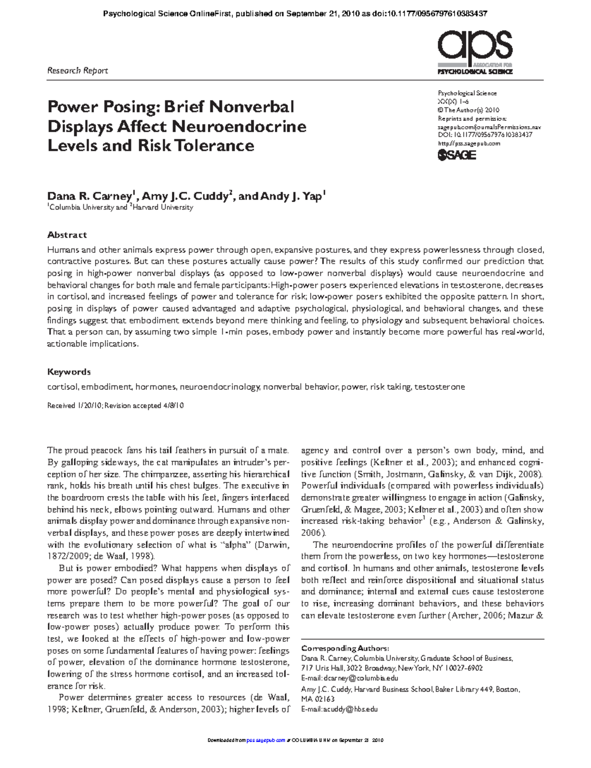 Power posing - Brief nonverbal displays affect neuroendocrine levels ...