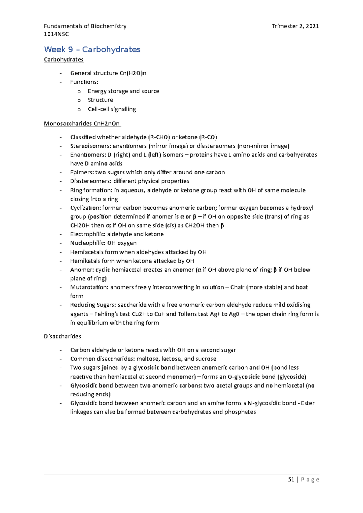 1014NSC Lecture notes part two - 1014NSC Week 9 – Carbohydrates ...