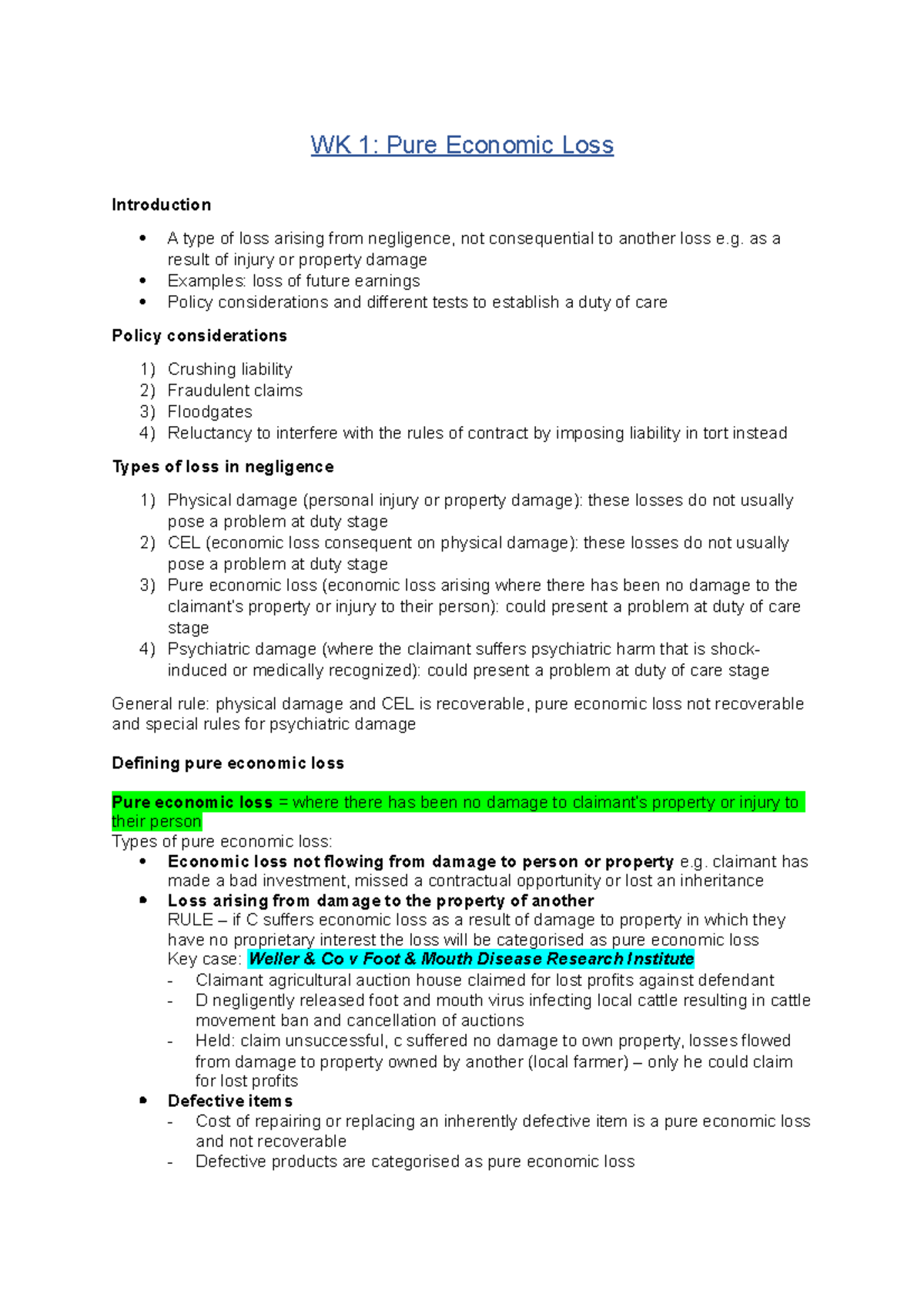 Wk7 tort - Wk7 tort - WK 1: Pure Economic Loss Introduction A type of ...