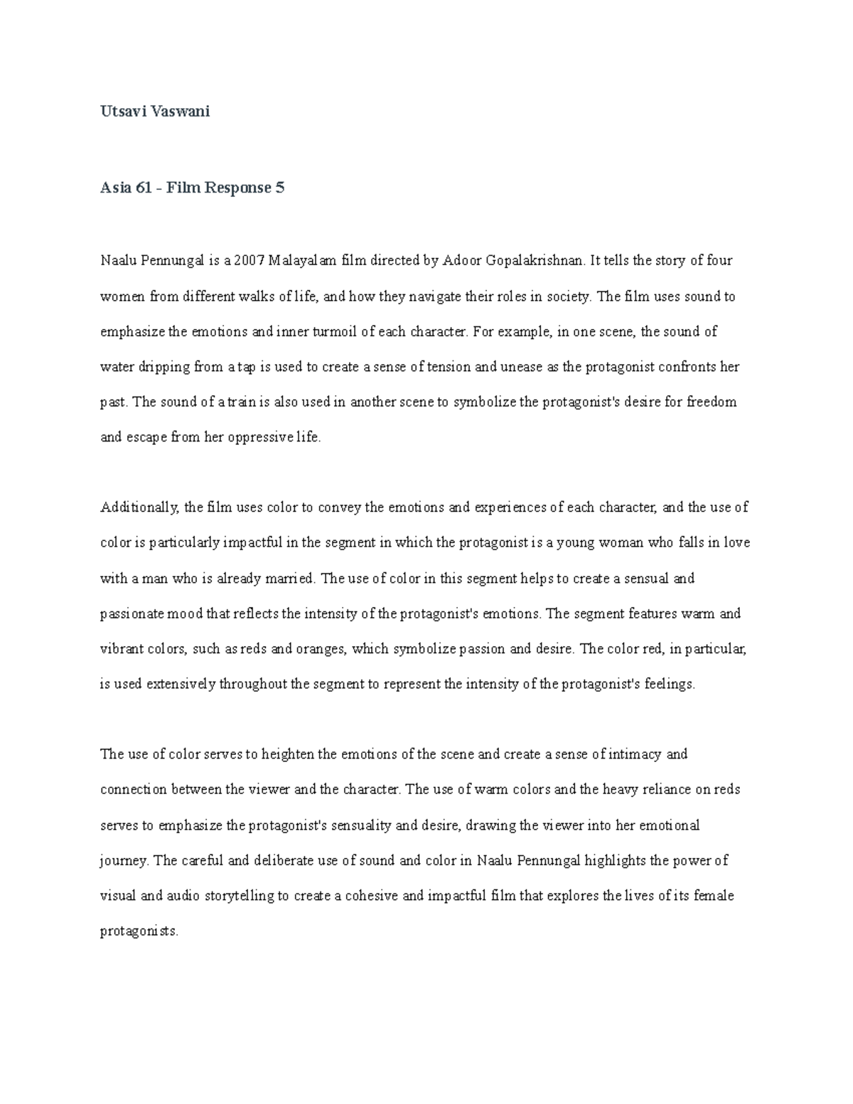 Film response 5 - received 10/10 - Utsavi Vaswani Asia 61 - Film ...