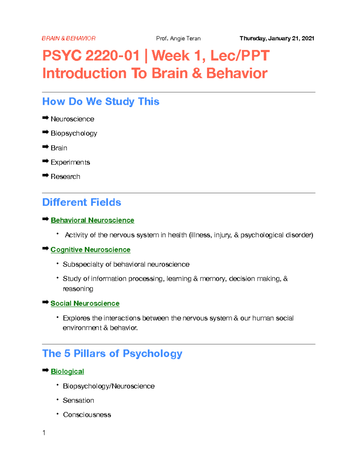 PSYC 2220 - Week 1, Lecture on Introduction to Brain & Behavior - PSYC 2220-01 | Week 1, Lec/PPT ...
