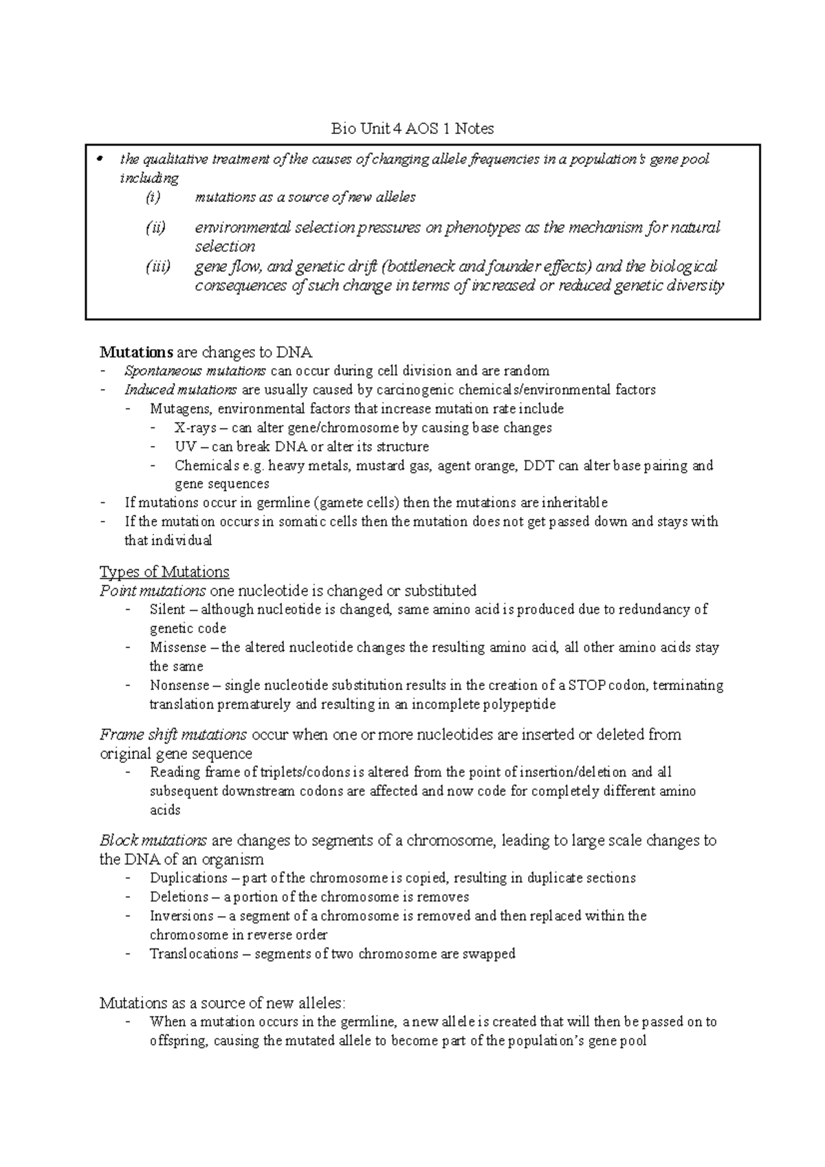 Bio Edrolo Notes SAC 4 - Bio Unit 4 AOS 1 Notes Mutations are changes ...