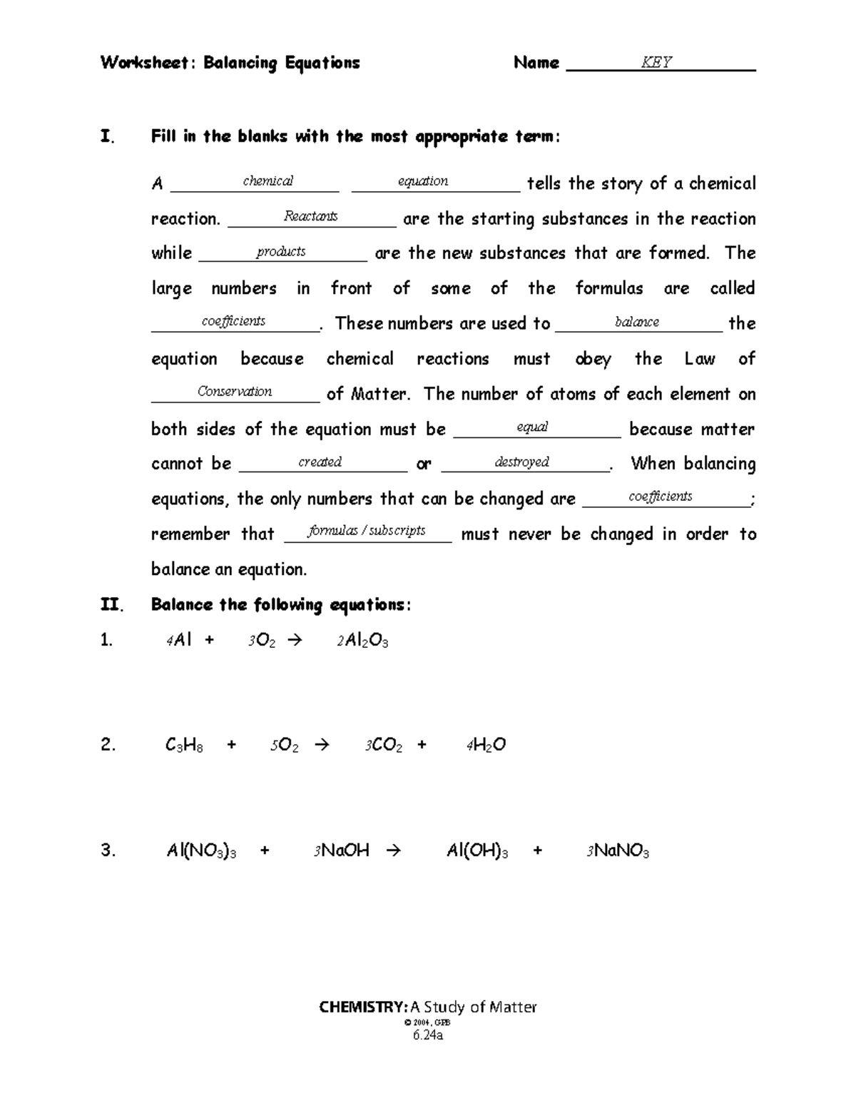 6-24a24b-balancing equations wkst-key - Worksheet: Balancing Equations ...