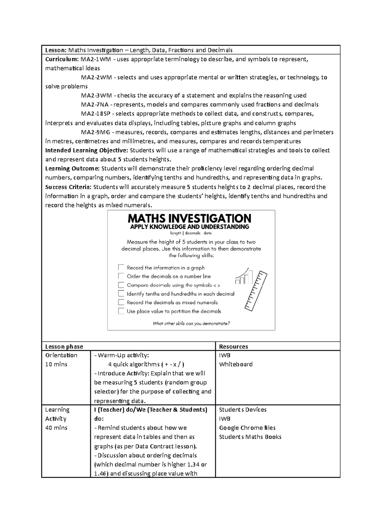 Lesson Plan - LSPS - 02062022 - Maths Investigation – Length, Data ...