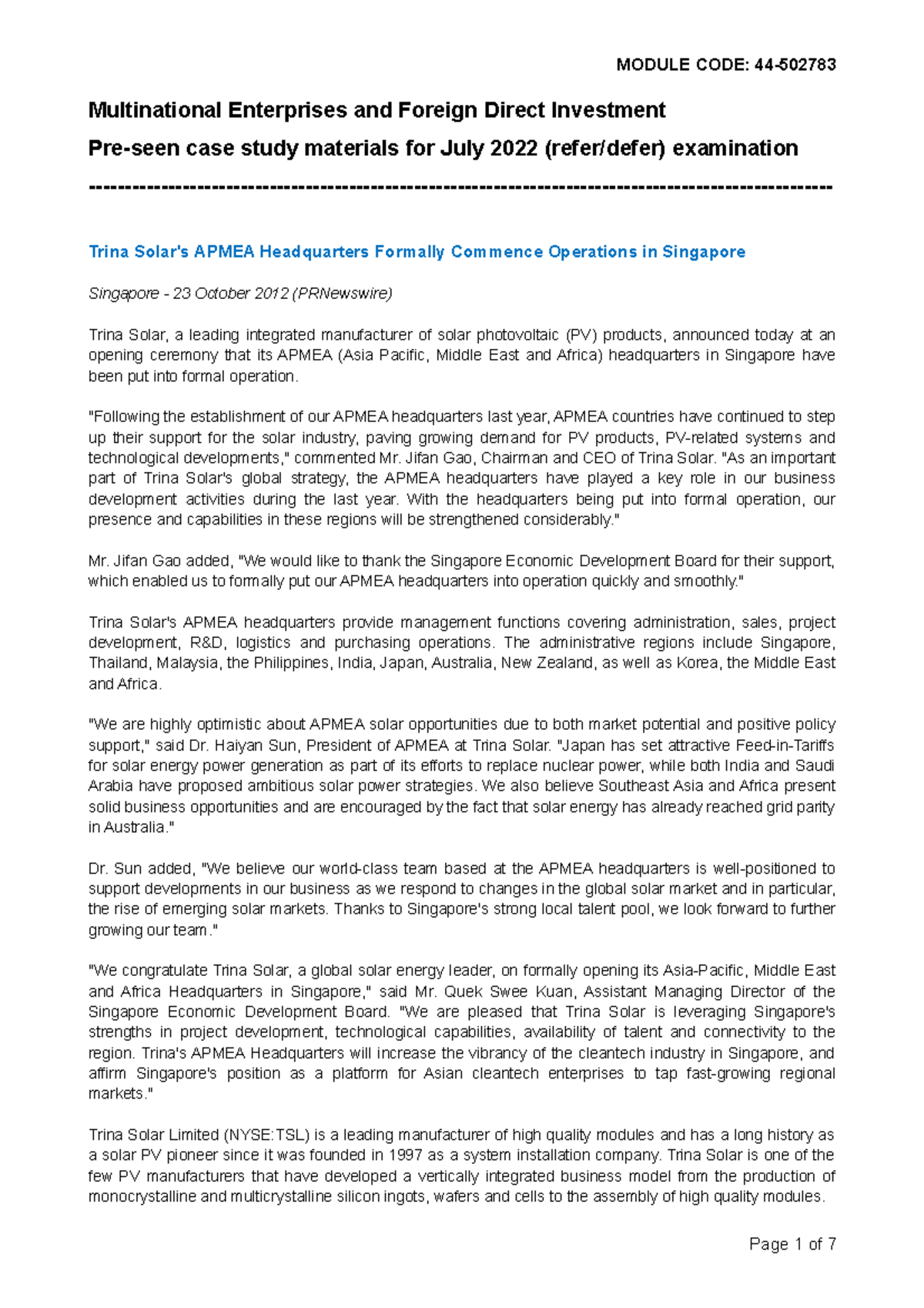 Multinational Enterprises and Foreign Direct Investment CASE Study ...