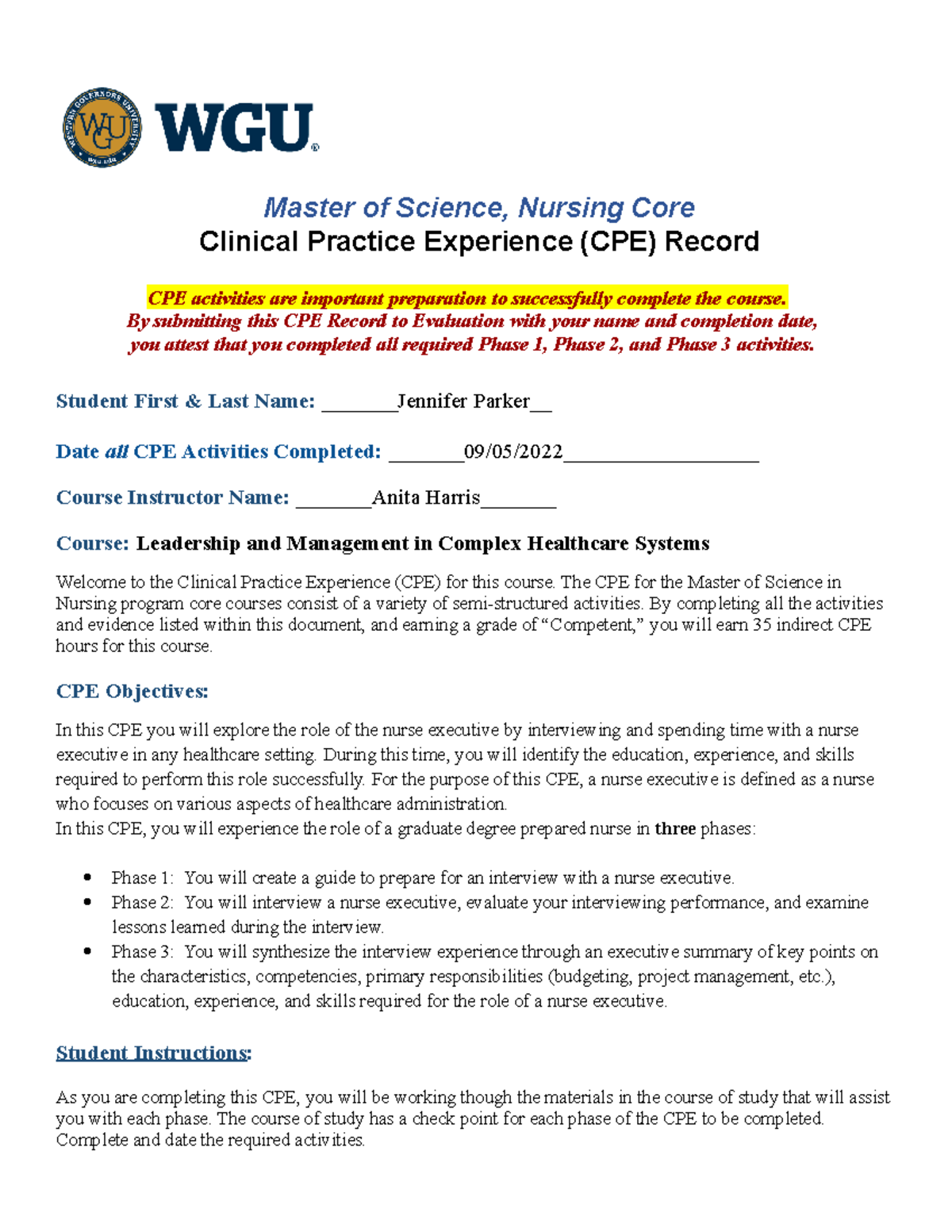 D030 CPE record task 1 - Master of Science, Nursing Core Clinical ...