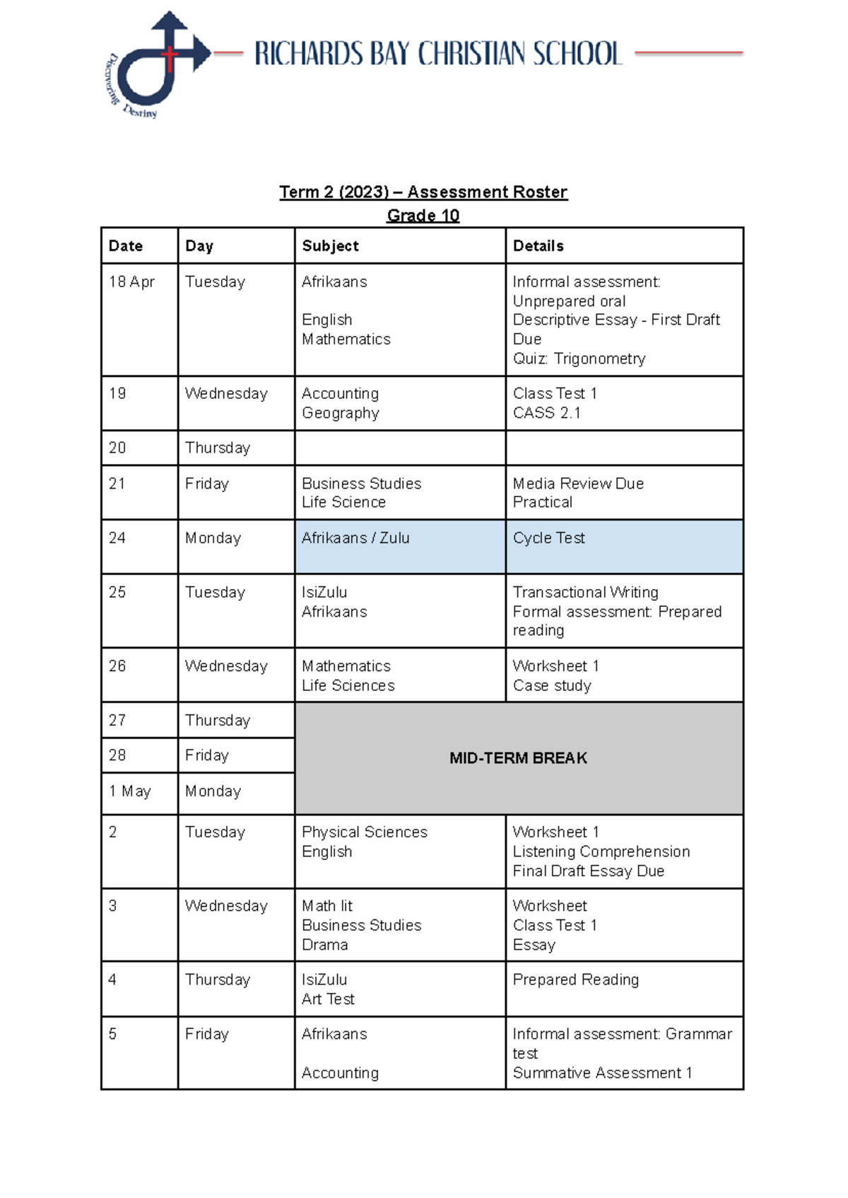 5. Grade 10 Term 2 (2023) Assessment Roster - Term 2 (2023 ...