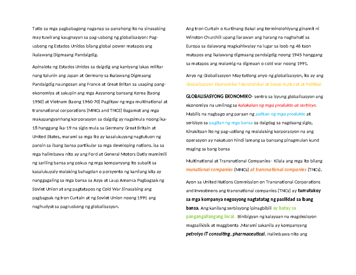 Ap lecture - Complete - Tatlo sa mga pagbabagong naganap sa panahong ...