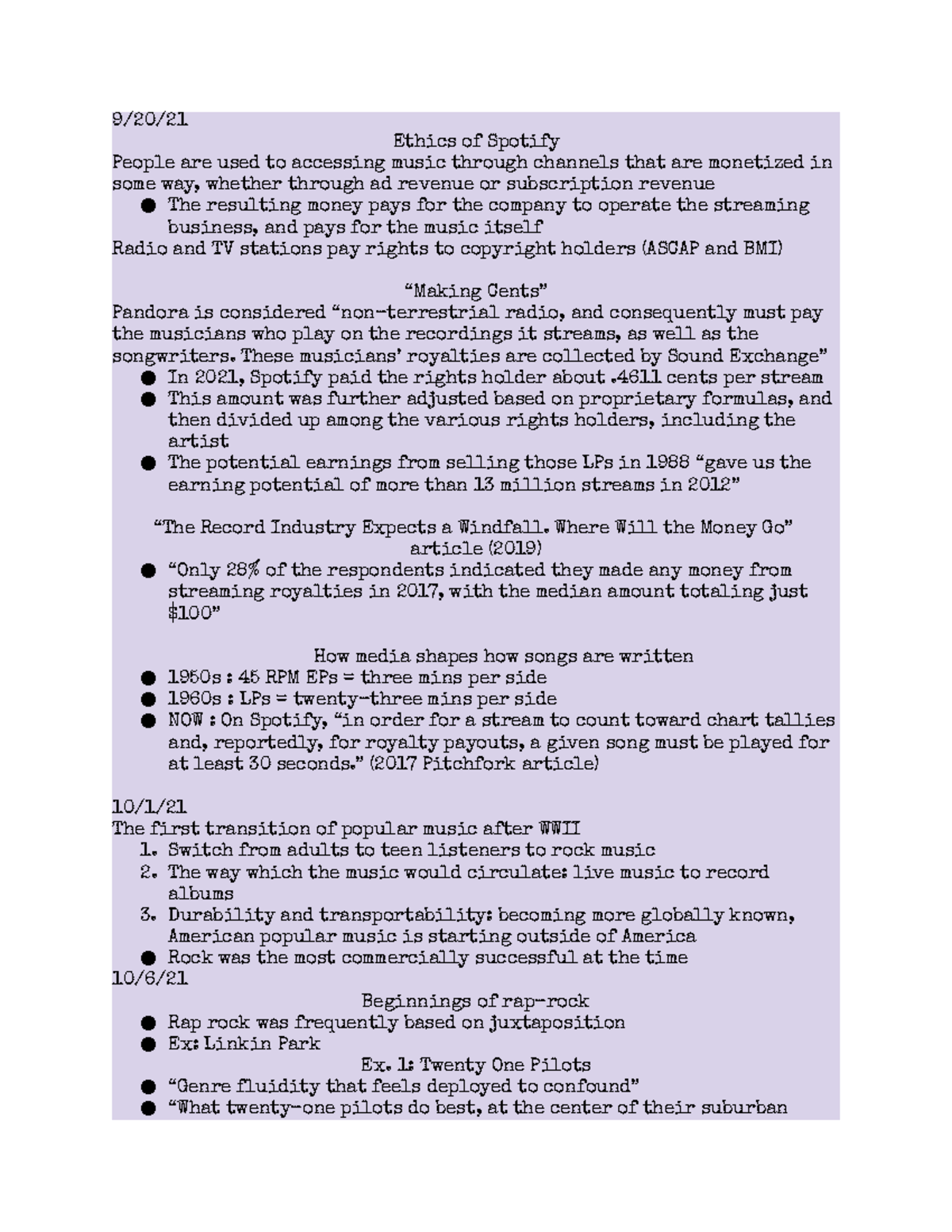American Popular Music Notes - 9/20/ Ethics of Spotify People are used ...