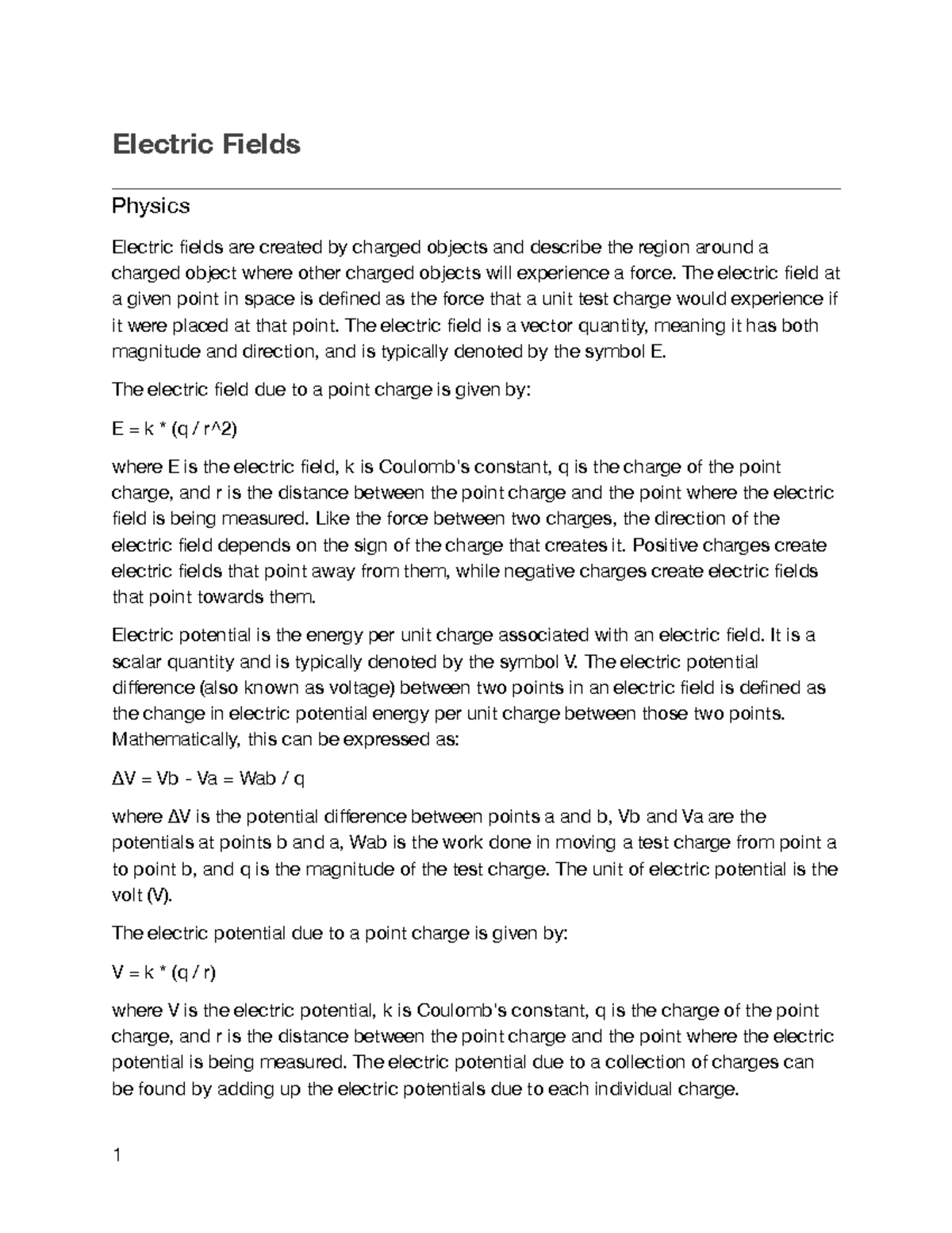 Electric Fields Notes - Electric Fields Physics Electric fields are ...