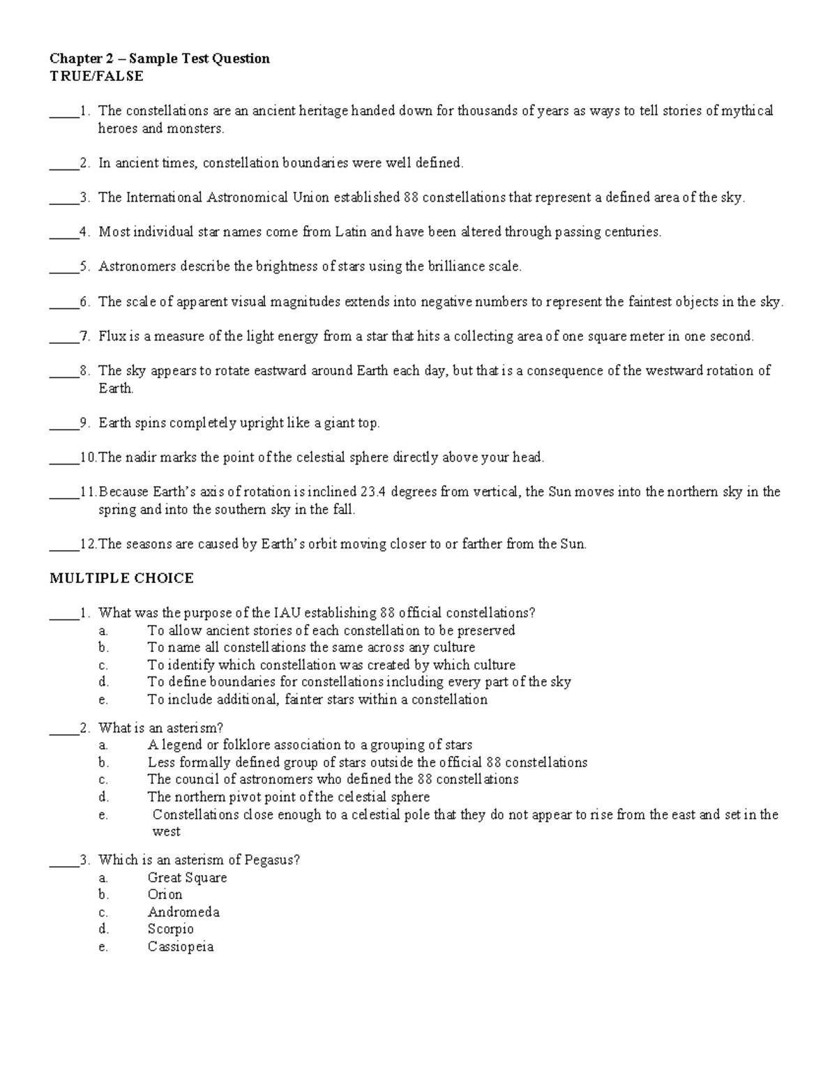 Chapter 2 – User's Guide to the Sky - Sample Test Questions - Chapter 2 ...