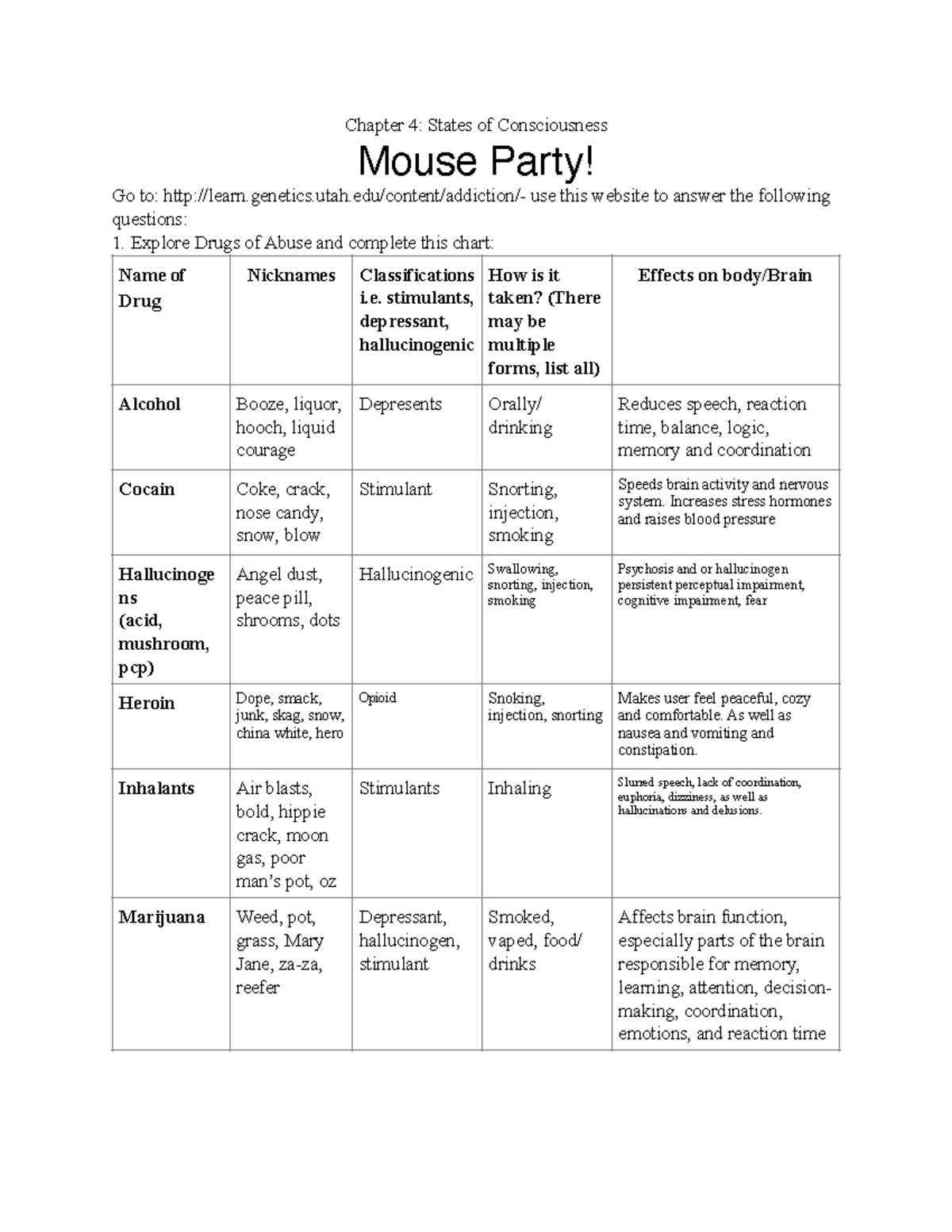 Mouse Party - pdf - Chapter 4: States of Consciousness Mouse Party! Go ...