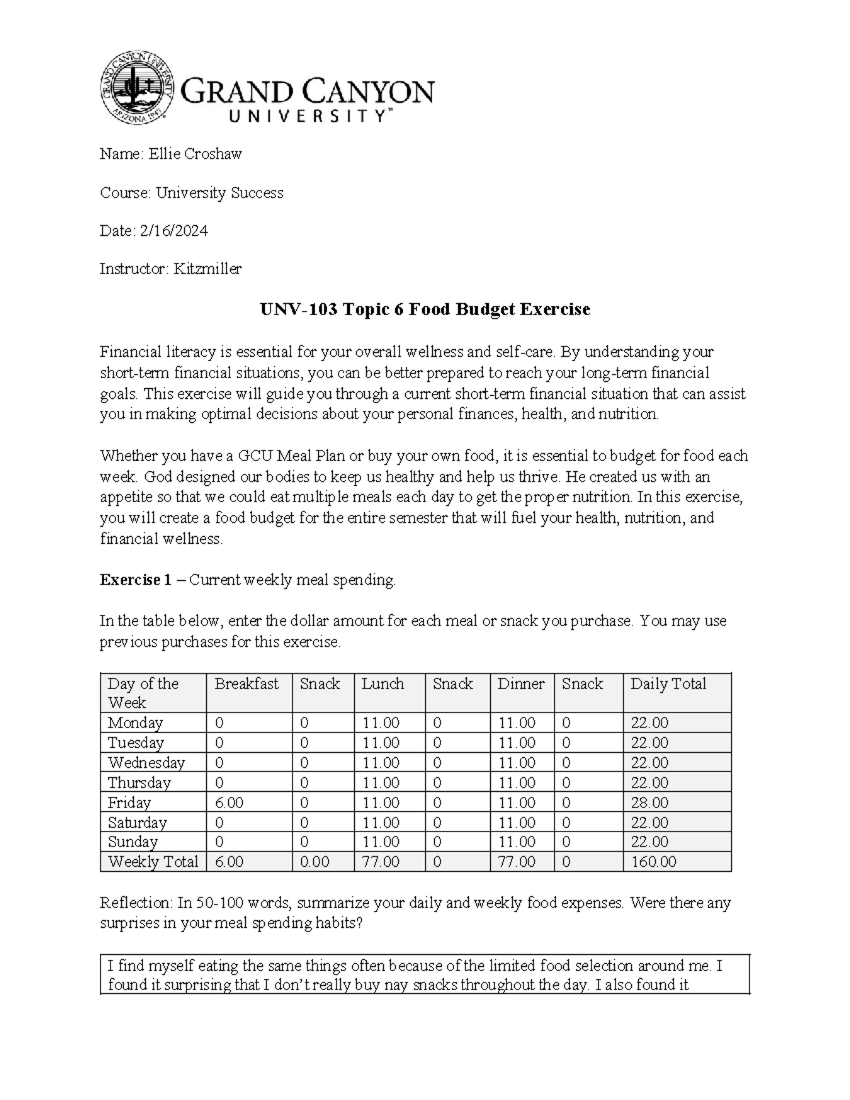UNV Food Budget Exercise - Name: Ellie Croshaw Course: University ...