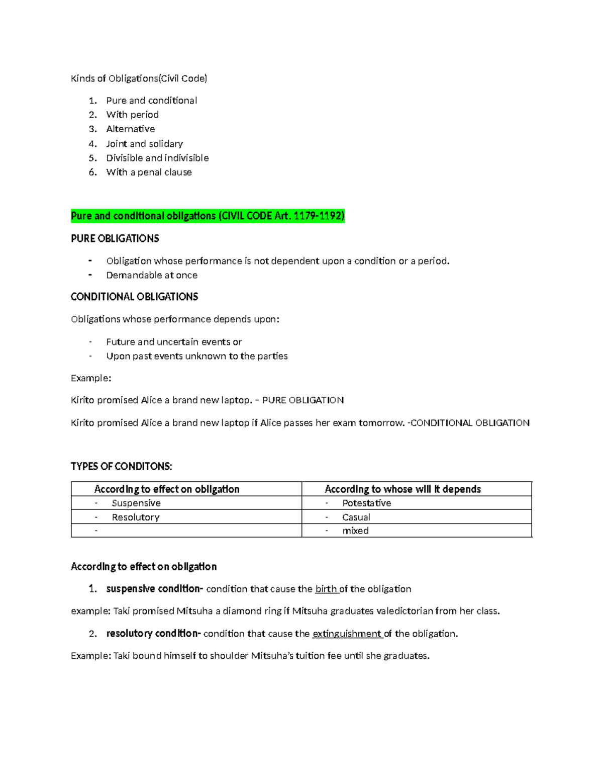 Kinds of Obligations - Kinds of Obligations(Civil Code) 1. Pure and ...