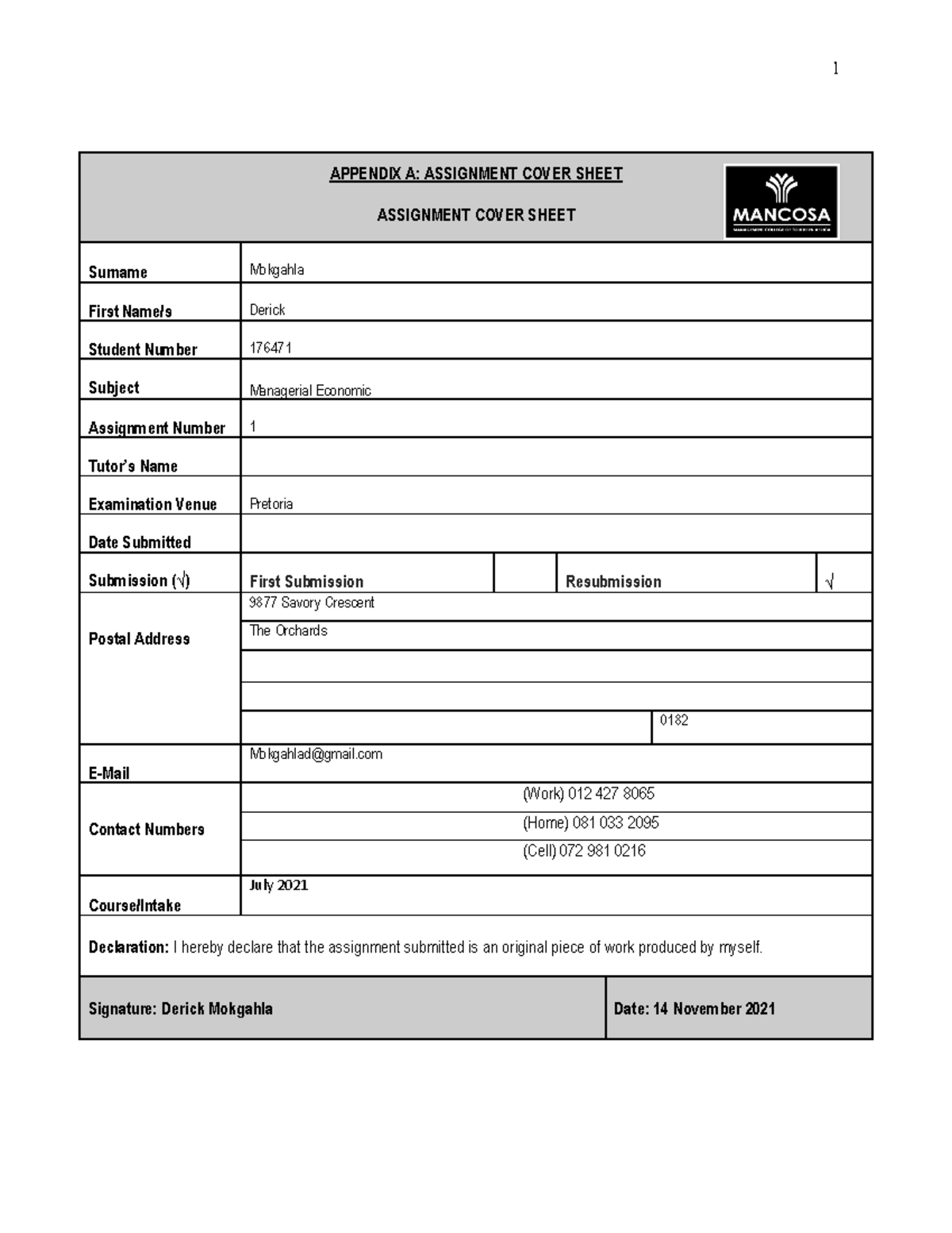 MBA Managerial Economics Assessment Mancosa - APPENDIX A: ASSIGNMENT ...