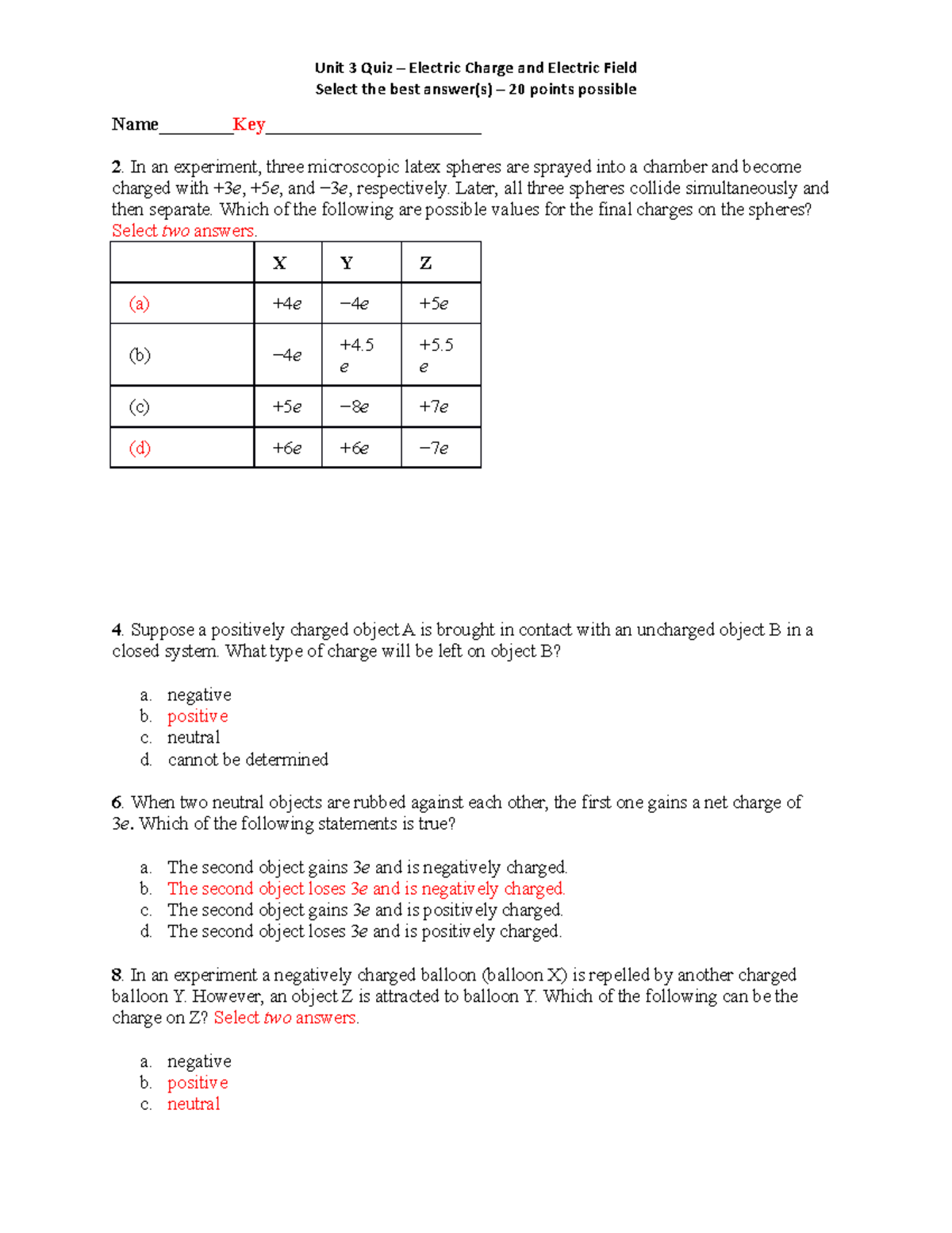 Answer Key - Unit 3 Quiz 1 - Electric Force and Electric Field - Select ...