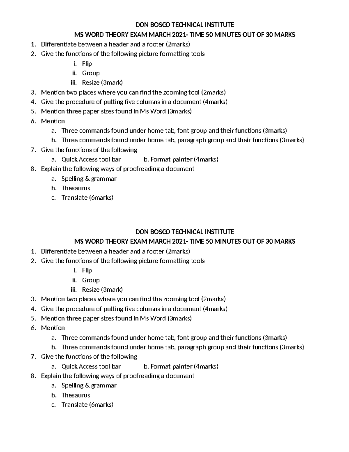 MS WORD PRAC & Theory EXAM 2021 - DON BOSCO TECHNICAL INSTITUTE MS WORD ...