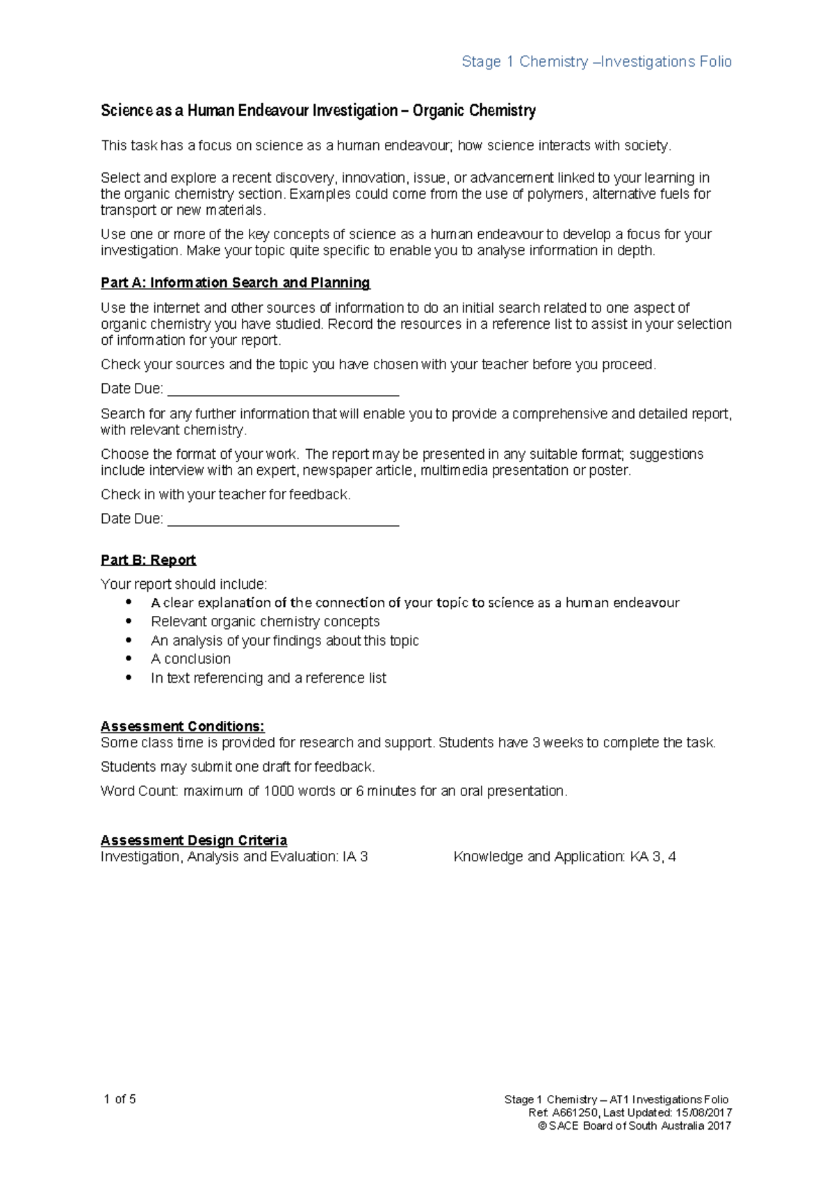 Task 1 - SHE - Organic Chemistry - Stage 1 Chemistry –Investigations ...