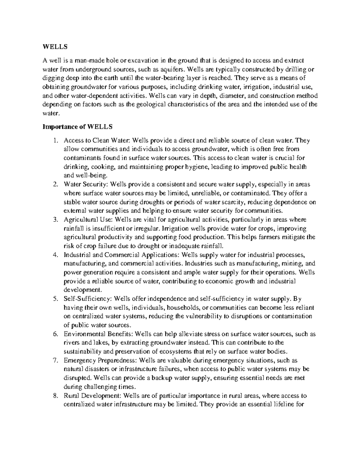 Wells - Summary notes - WELLS A well is a man-made hole or excavation ...