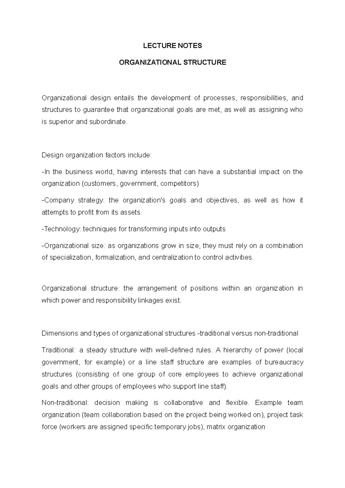 Organizational Structure Lecture Notes 9 - LECTURE NOTES ORGANIZATIONAL ...