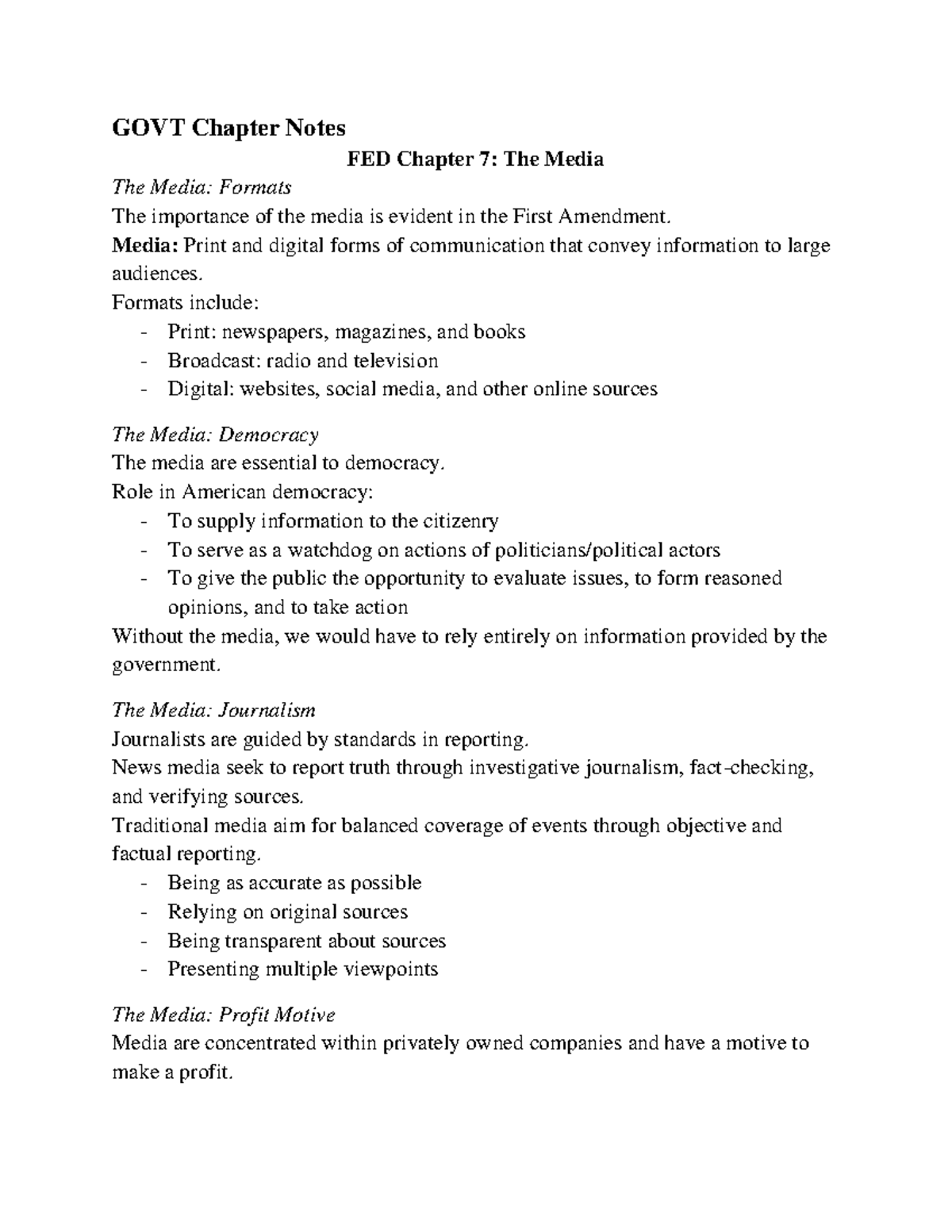 GOVT Chapter 7 Notes - GOVT Chapter Notes FED Chapter 7: The Media The ...