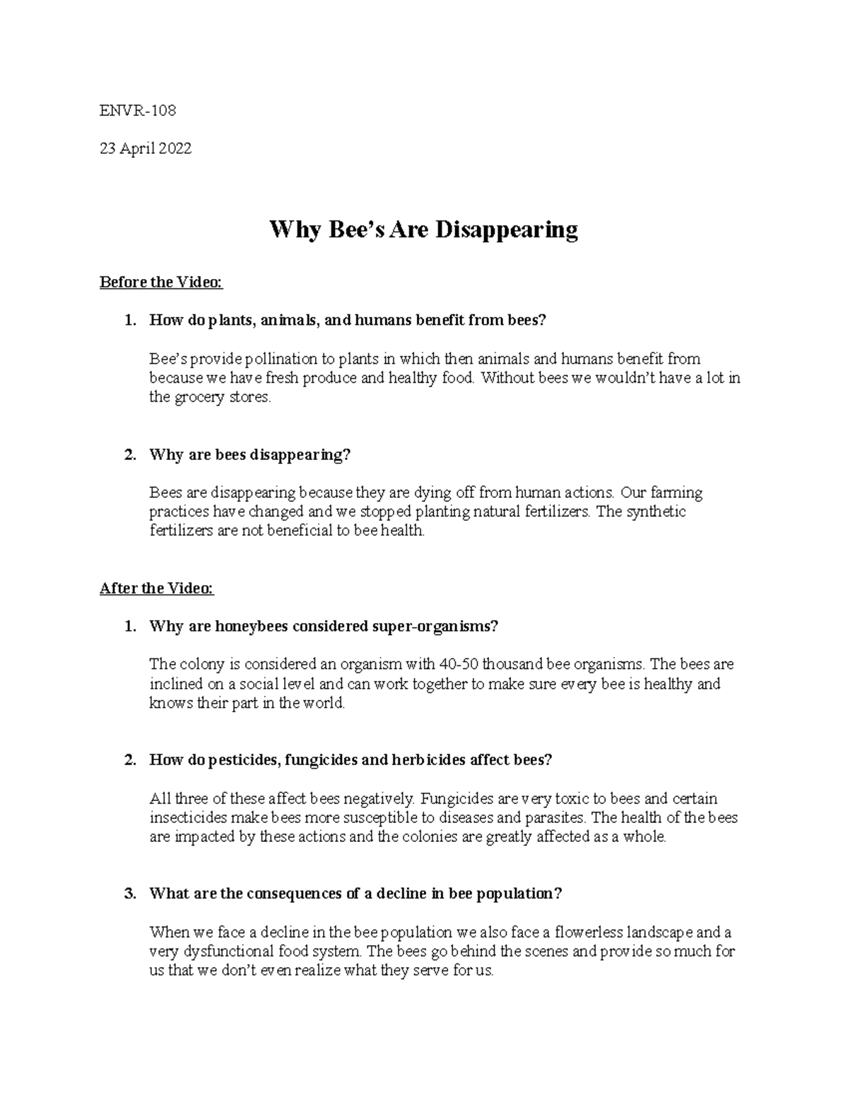 Why Bee's Are Disappearing - ENVR- 23 April 2022 Why Bee’s Are ...