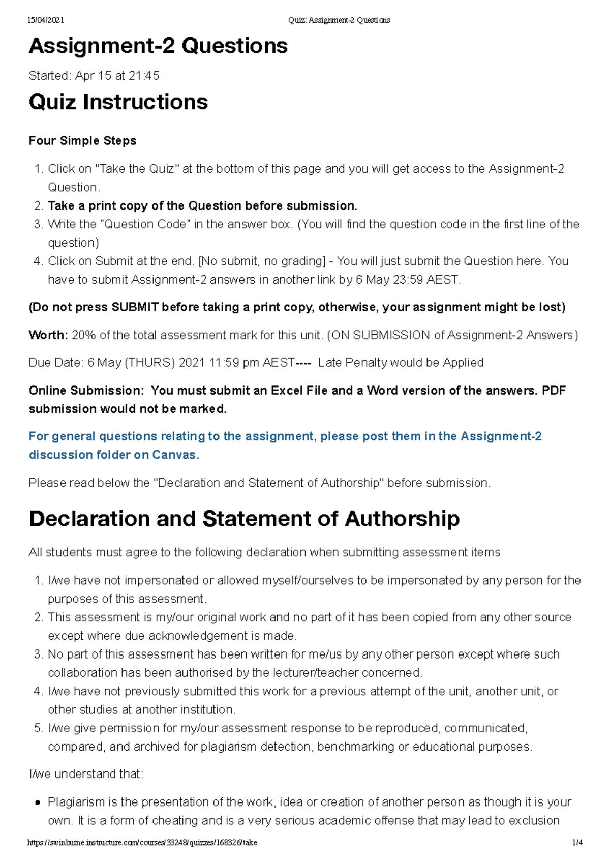 Quiz Assignment-2 Questions - Assignment-2 Questions Started: Apr 15 at ...