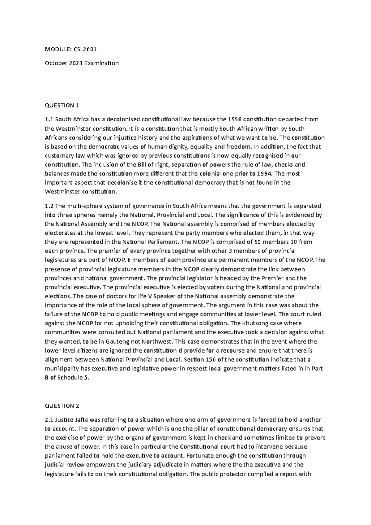 CSL EXAM 2023 - MODULE: CSL October 2023 Examination QUESTION 1 1,1 ...