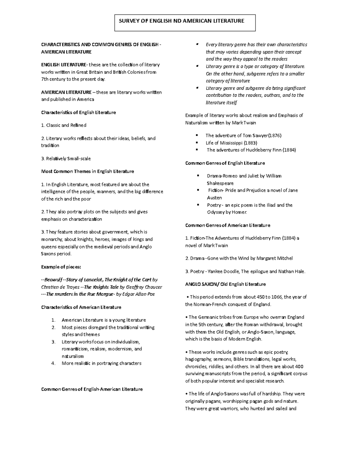 Survey OF English AND American Literature Handouts - CHARACTERISTICS ...