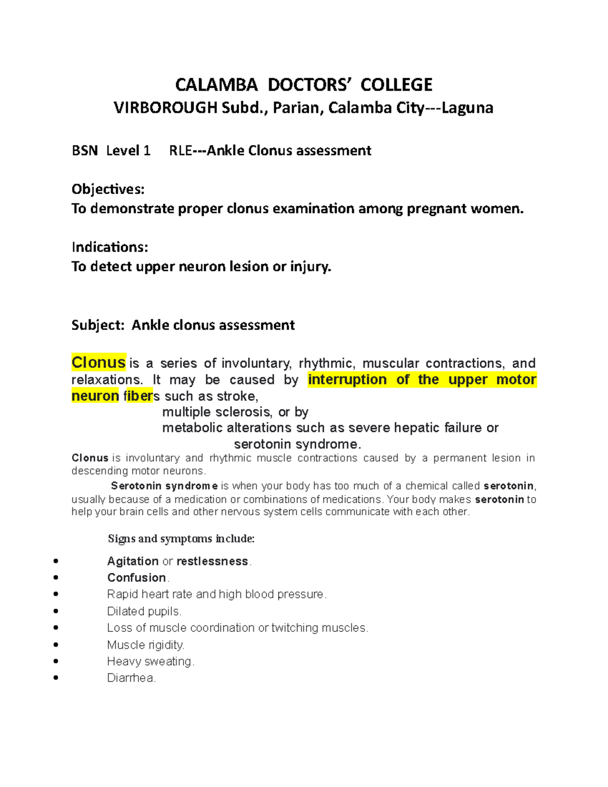 Ankle-Clonus-Assessment Maternal and Child Nursing - CALAMBA DOCTORS ...