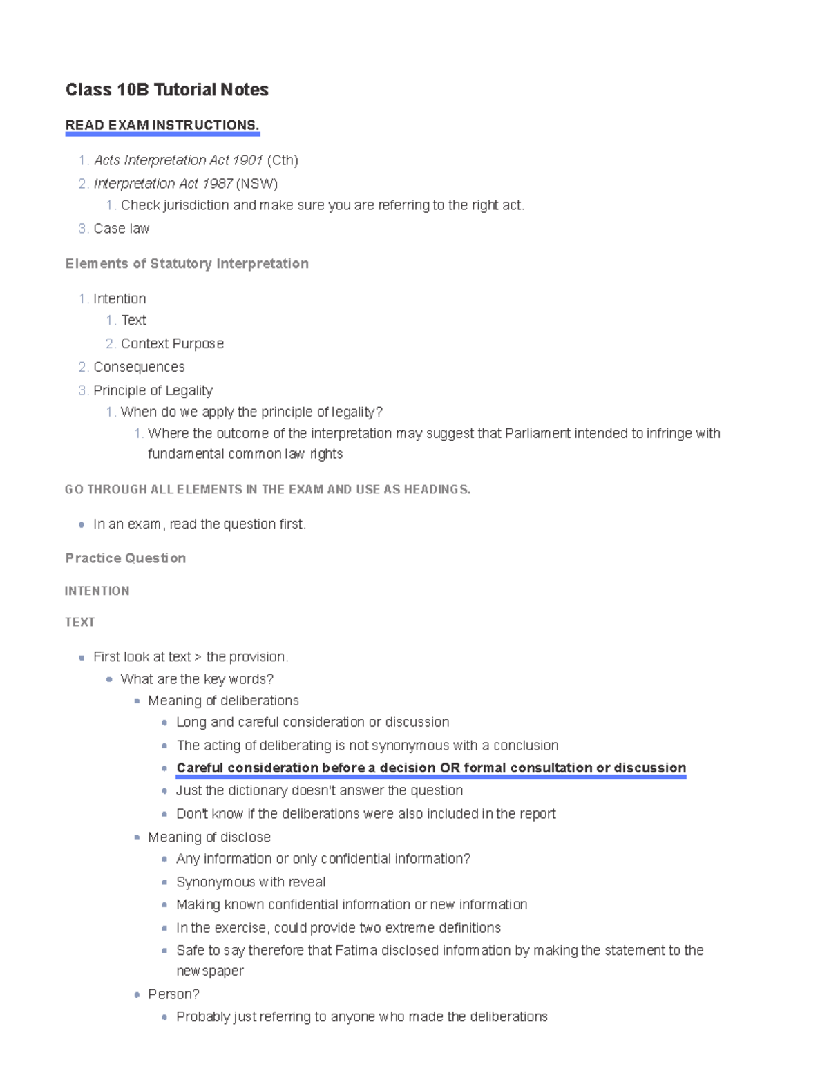 Class 10B Tutorial Notes (Statutory Interpretation) - Class 10B ...