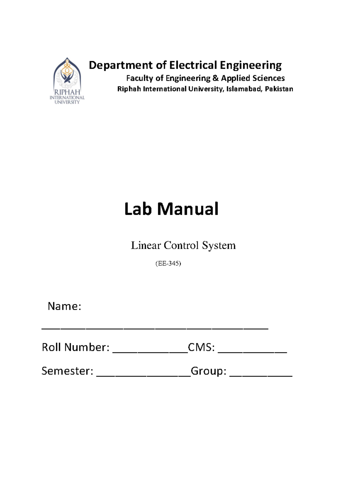LCS Spring 2023 Lab Manual - Department of Electrical Engineering Faculty of Engineering & - Studocu