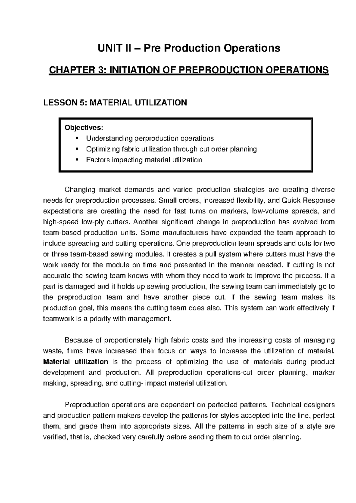 05- Material- Utilization - UNIT II – Pre Production Operations CHAPTER ...