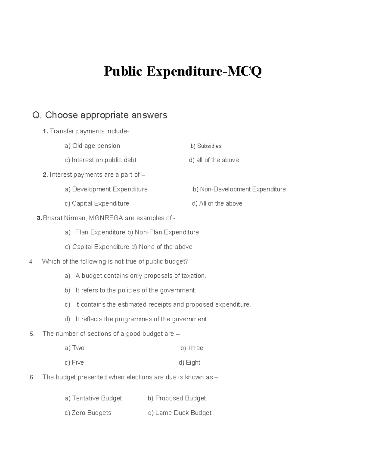 Paper-1-Public Expenditur MCQ-1 - Public Expenditure-MCQ Q. Choose appropriate answers 1 ...