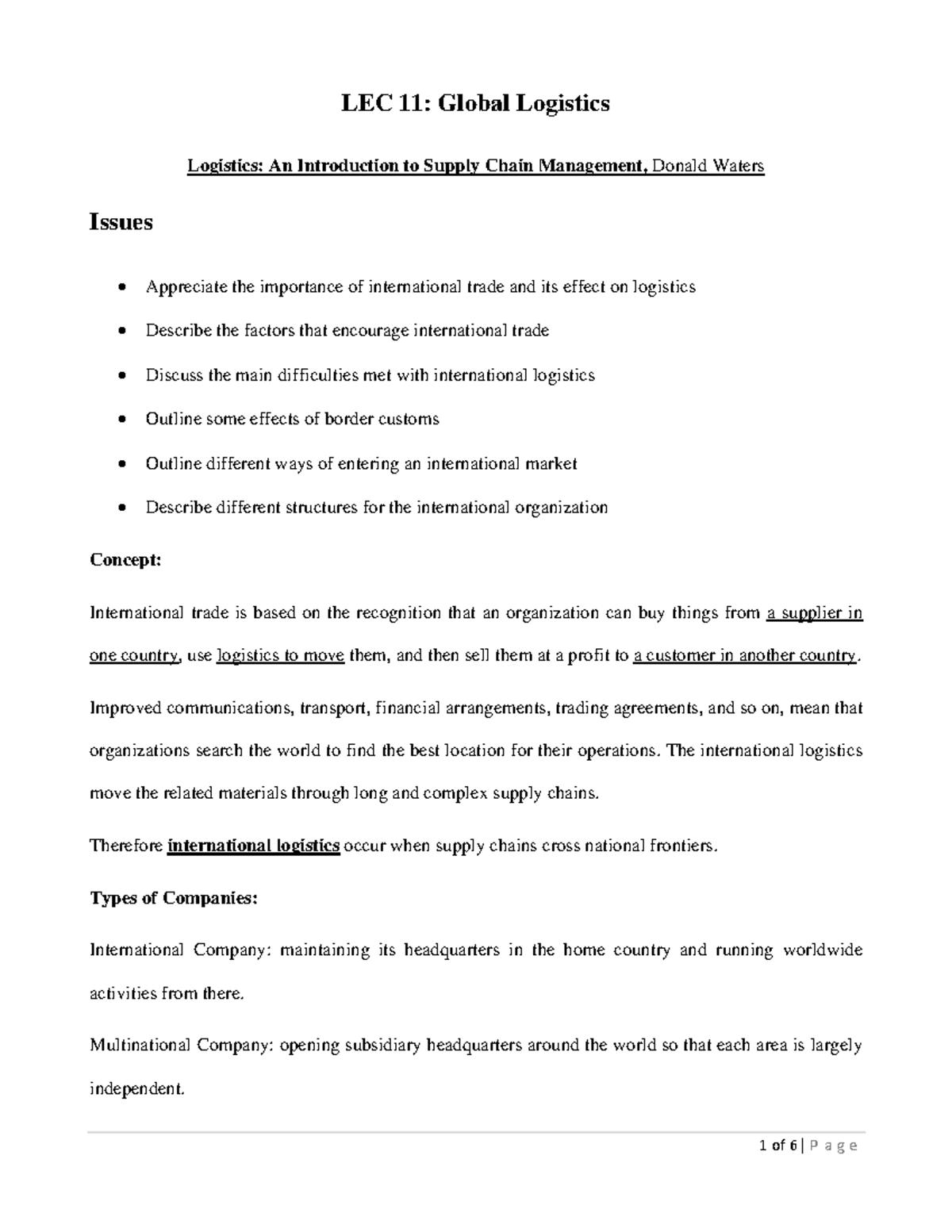 Lecture 11 - Global Logistics - LEC 11: Global Logistics Logistics: An ...